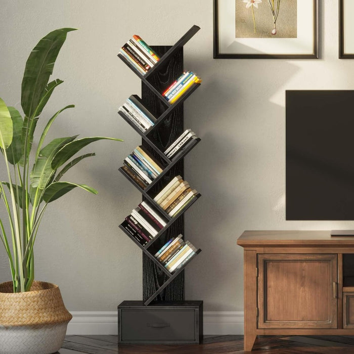 9 Tier Tree Bookshelf with Drawer Black — Off The Back