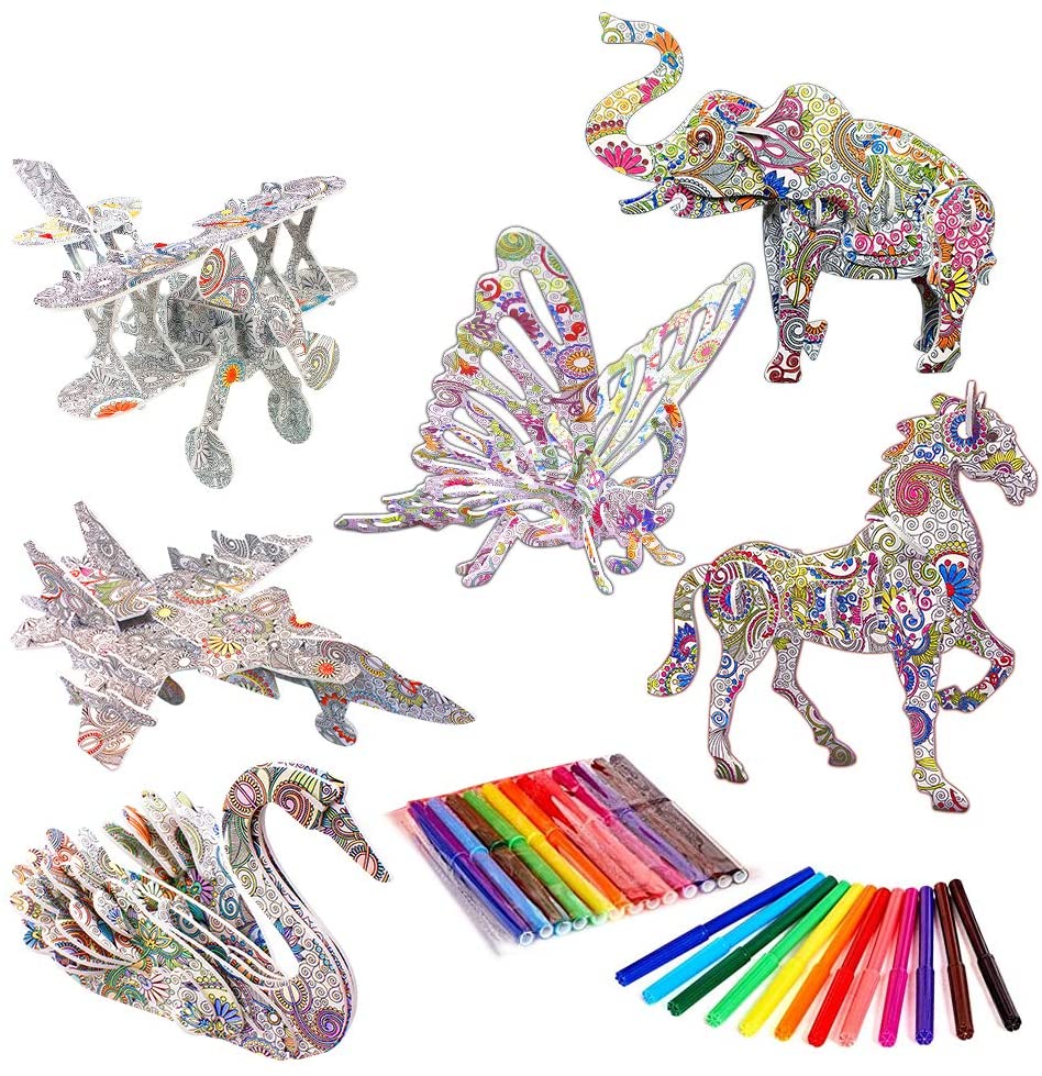 3D Coloring Puzzle Set 6 Pack with 24 Pen Markers Type B — Off The Back